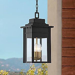 Bransford Farmhouse Industrial Outdoor Hanging Light Fixture Warm Brass Black 17 1/2" Clear Glass for Exterior House Porch Patio Outside Deck Garage Yard Garden Driveway Home - Franklin Iron Works