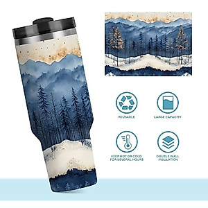 Selerdon 40 oz Tumbler Winter Forest with Handle and Straw Lid Vacuum Stainless Steel Insulated Water Bottle Travel Mug Car Cup Holder Friendly BPA Free for Gym Travel Office