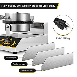 Dyna-Living Waffle Cone Maker Ice Cream Waffle Cone Machine with LED Digital Display Commercial Waffle Maker Stainless Steel Ice Cream Cone Maker Non-stick Egg Roll Mold for Restaurant (110V 1200W)