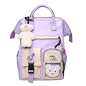 HIDRUO Kawaii Aesthetic Backpack with Cute Accessories Large Capacity Multi-pocket Girl School Bag Rucksack (Purple)