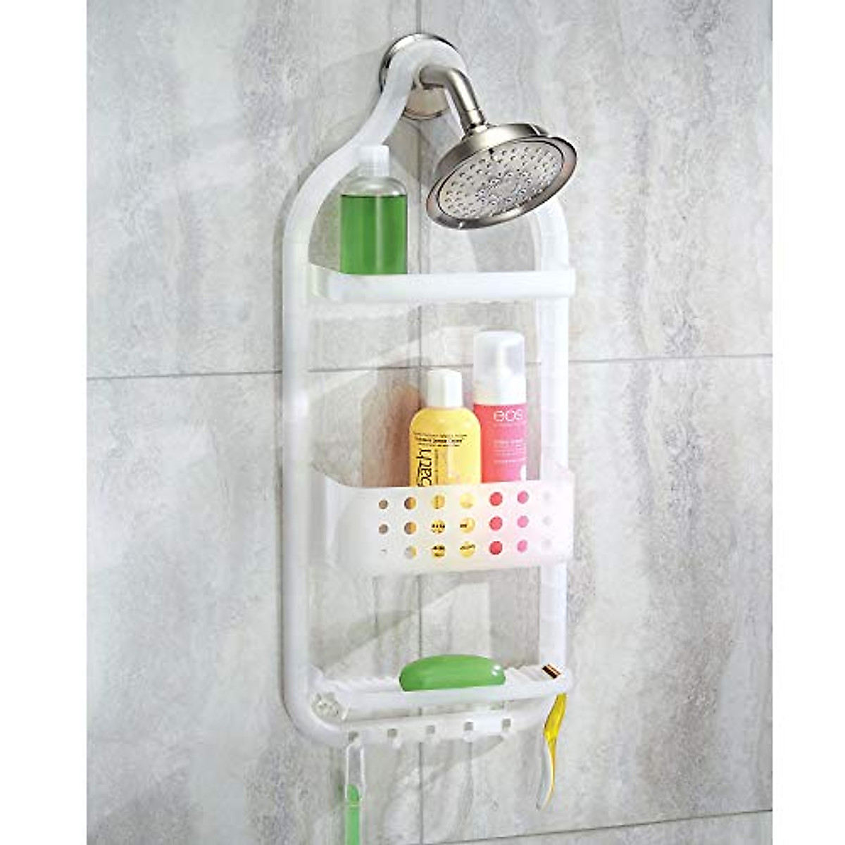 iDesign Circlz Plastic Hanging Shower Caddy, Extra Space for Shampoo, Conditioner, and Soap with Hooks for Razors, Towels, Loofahs, and More, 5" x 10.6" x 26", Frost White