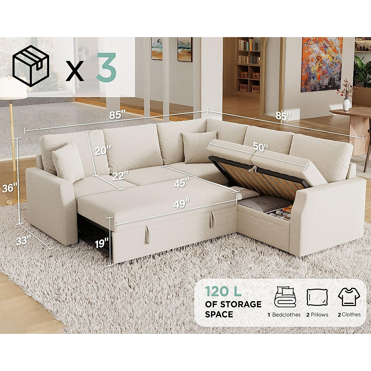 Jocisland Sofa Bed, 85 Inch Sleeper Sofa with Pull Out Bed & Storage Seat, Reversible L Shape Sectional Couch for Living Room Apartment, Beige Linen Oversized Sofa