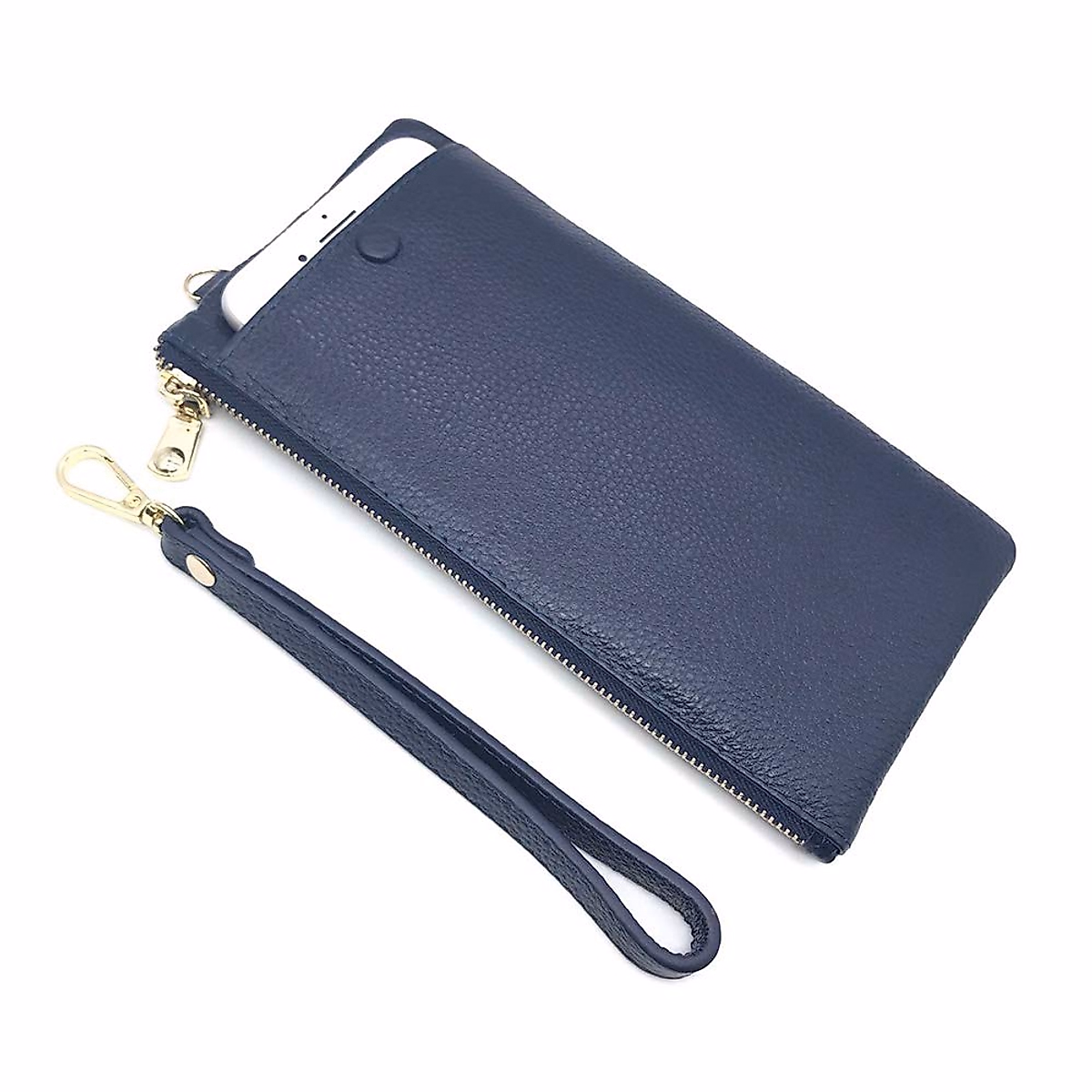 IXYVIA RFID Blocking Women's Leather Wristlet Clutch Wallet, Smartphone Wristlet Purse Signature Wallet (Dark Blue)