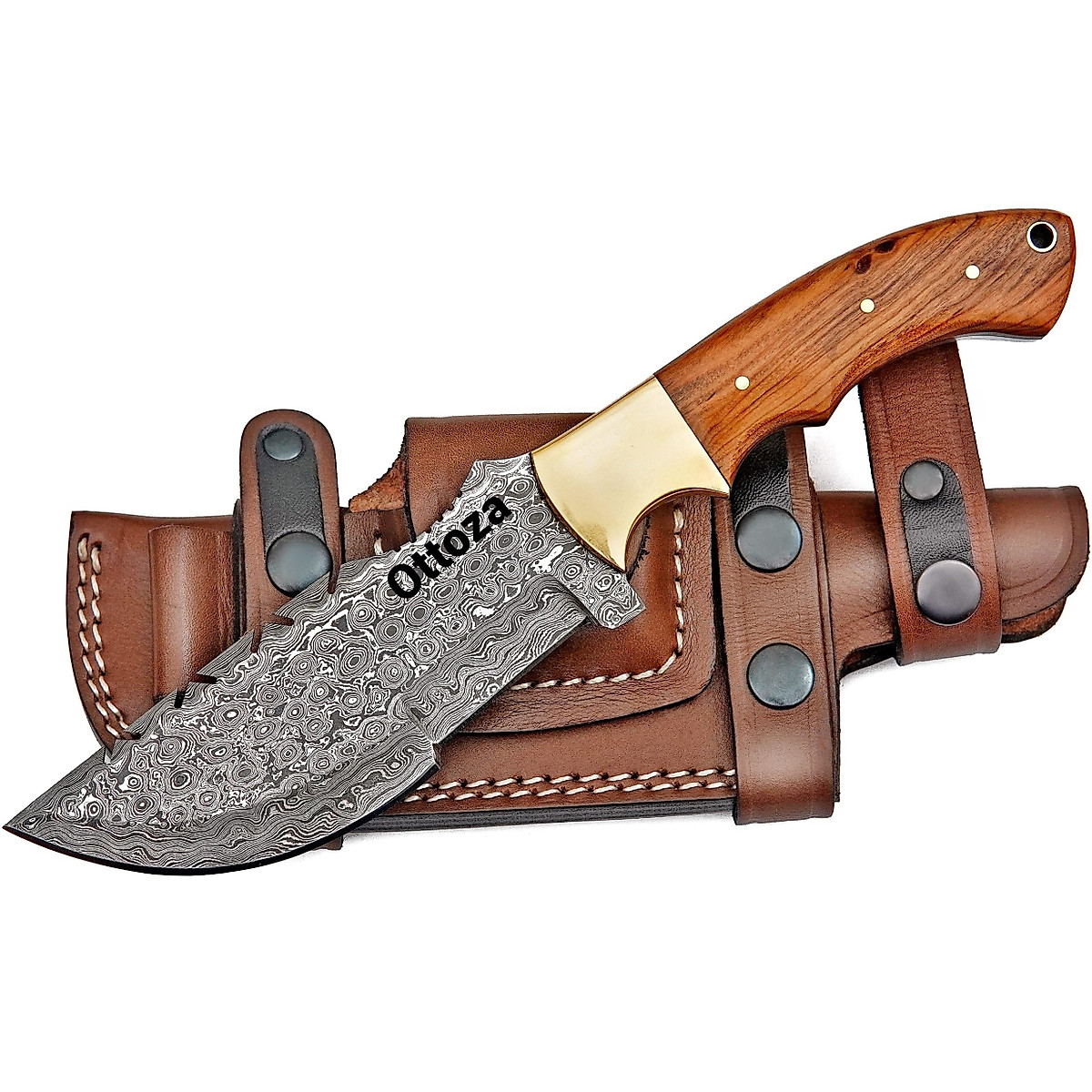 Ottoza Tracker Knife & Wood Handle - Damascus Hunting Knife - Horizontal Carry Knife Sheath 89