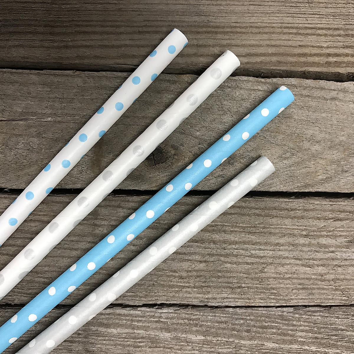 Polka Dot Paper Straws - Light Blue Silver White - 7.75 Inches - 100 Pack - Outside the Box Papers Brand