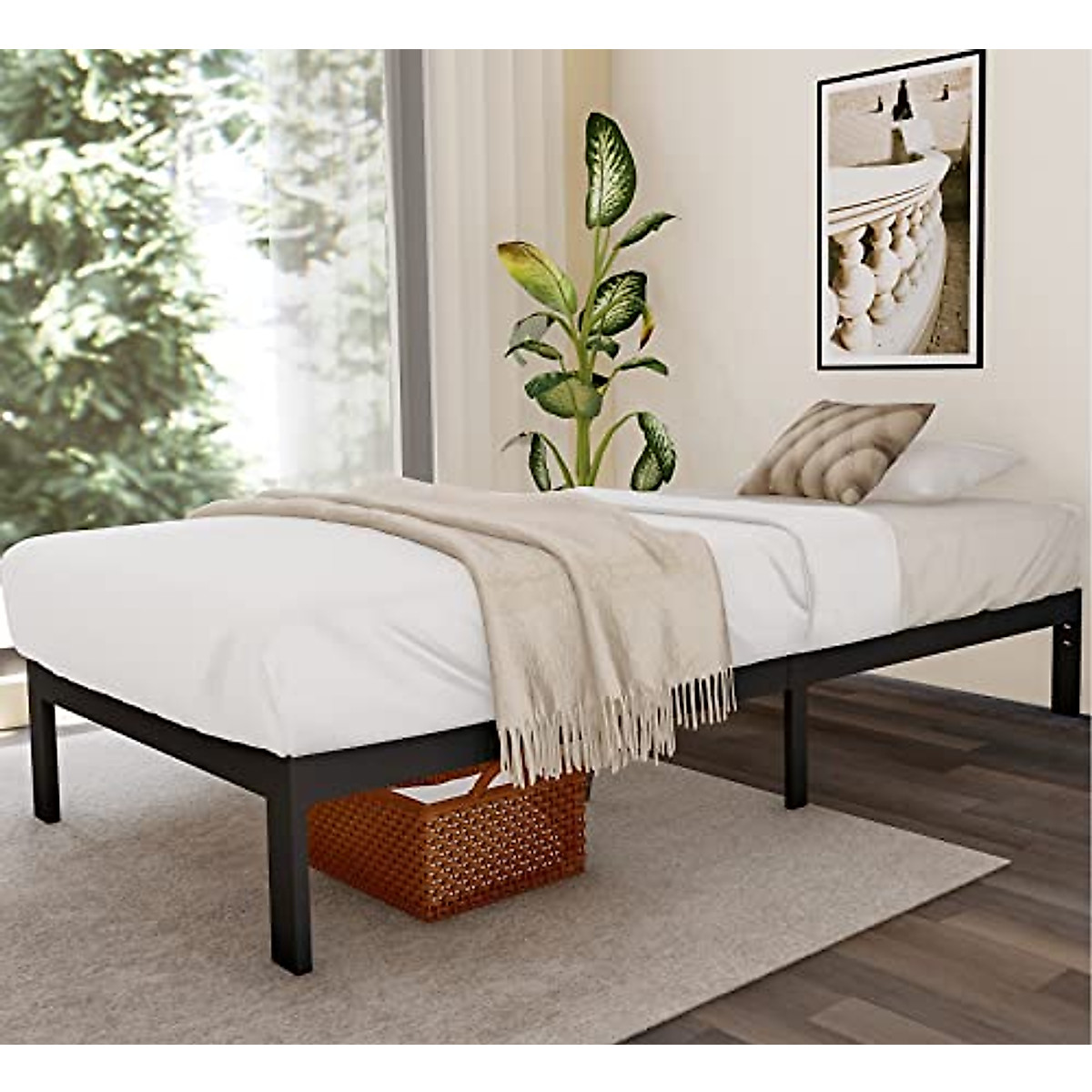 FIRSTHOMES Felix Twin Bed/Twin Platform Bed Frame/Twin Size Metal Bed Frame with Steel Slats/No Box Spring / 12" Metal Bed Frames/Easy Assembly/Without Headboard- Black