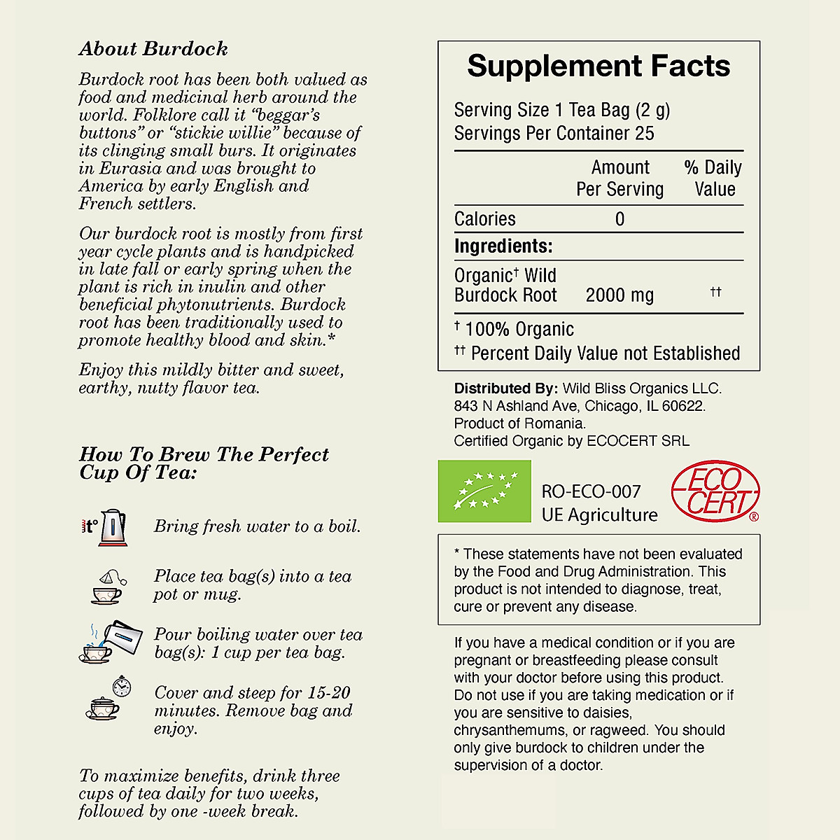 Organic Wild Burdock Root Tea - Caffeine Free Herbal Detox Support - Pharmacopoeia Quality - 25 Plant Based Tea Bags