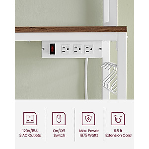 VASAGLE Hutch Bakers Rack with Power Outlet, 14 Hooks Microwave Stand, Adjustable Coffee Bar with Metal Wire Panel, Kitchen Storage Shelf, 15.7 x 23.6 x 66.9 Inches, Rustic Walnut and White UKKS037W41