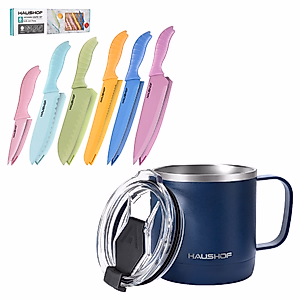 HAUSHOF Navy Blue 14 oz Coffee Mug and 6PC Kitchen Knife Set