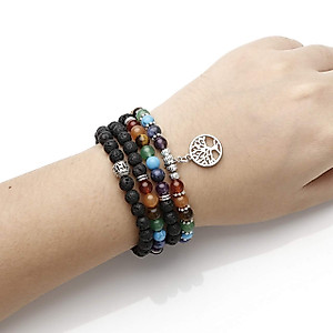 Jovivi 6mm Mala Beads 108 Lava Rock 7 Chakra Life Tree/Hamsa/OM/Lotus/Elephant Meditation Bracelet Necklace