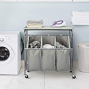 HollyHOME Laundry Sorter Cart Heavy Duty 3 Bags Classic Rolling Side pull Ironing Board Laundry Hamper Sorter with Iron Rack and 4 Wheels Grey