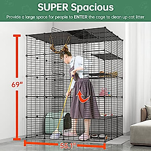 Eiiel Large Cat Cage Indoor Cat Playpen Metal Wire Kennels Crate Ideal for 1-4 Cats, 54 L x 41W x 69 H Inch, Black