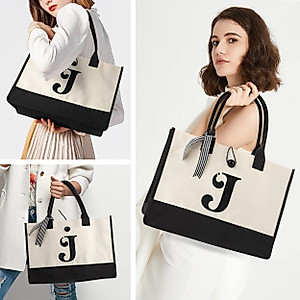 YOOFAN Initial Canvas Tote Bag - Personalized Monogrammed Gift Tote Bag for Wedding, Birthday, Beach, Holiday - Gift for Women, Mom, Teachers, Friends, Bridesmaids (J)