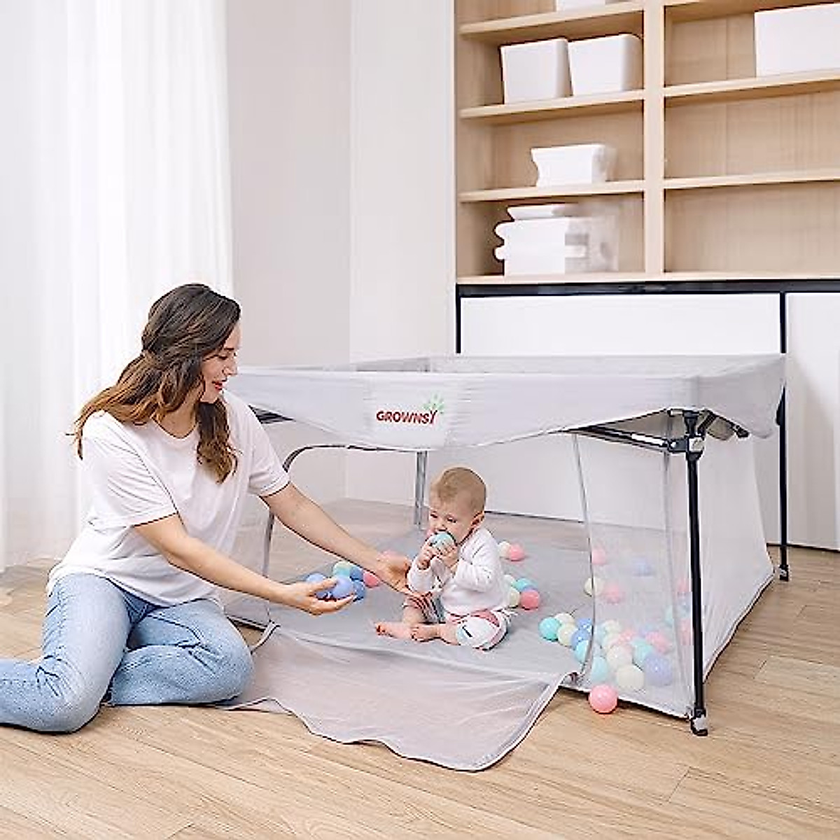 GROWNSY Baby Playpen, Foldable Indoor Outdoor Playpen with Canopy, Portable Playpen for Babies and Toddlers, Play Yard for Indoor/Outdoor, Lightweight and Sturdy, 48×48 Inch, Grey.