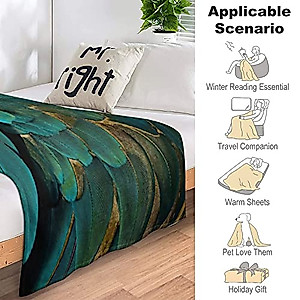 Feather Glitter Teal and Gold Flannel Fleece Throw Blankets 50"X40" Lightweight Fluffy Winter Fall Blanket Cozy Soft Fuzzy Plush Home Decor for Couch Bed Sofa Bedroom Living Room Travel