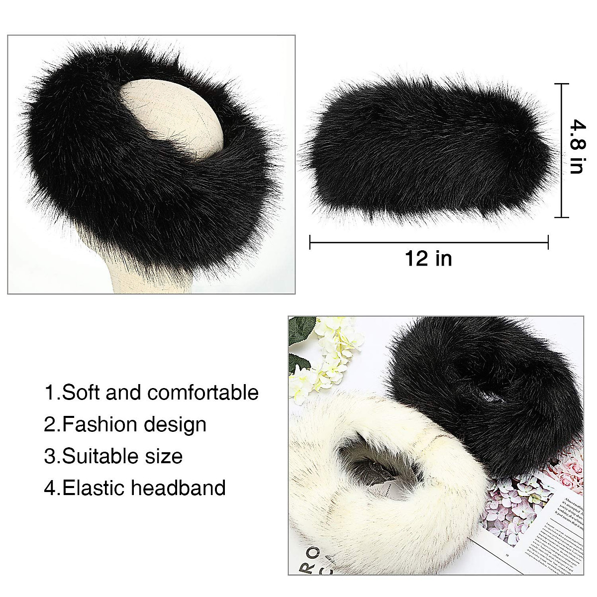 SATINIOR 2 Pieces Women Faux Fur Headband with Elastic Winter Earwarmer Earmuff Ski Hat Black, White