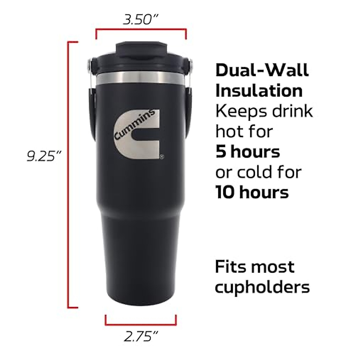 Cummins CMN35401 2 in 1 Tumbler with Flip Lid and Straw 30-Ounce Tumbler with Handle Stainless Steel Travel Mug-Black