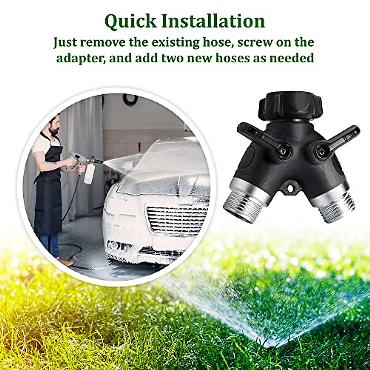 Garden Hose Splitter 2 Way, Heavy Duty Connector Hose Y Splitter with Rubber Washers, Water Splitter Adapter 2 Valves for Garden Hose Spigot Faucet