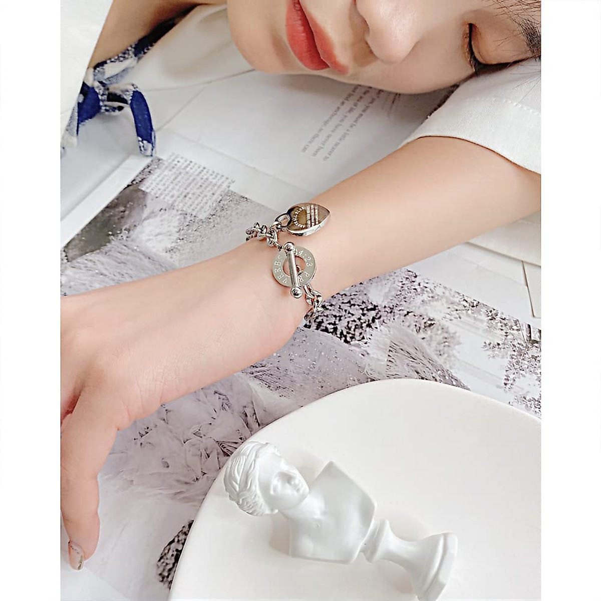 JUPPE Silver Titanium Steel Engraved Bracelet Personalized Proverbs 4:23 Bangle Gift for Women Girls (Silver-1)