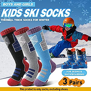 Anlisim Kids Merino Wool Ski Socks for Girls Boys Teen Thermal Winter Warm Thick Hiking Knee High Socks Stocking Stuffers for Skiing Snowboarding (Black / Grey / Blue B, 8-12 Y)