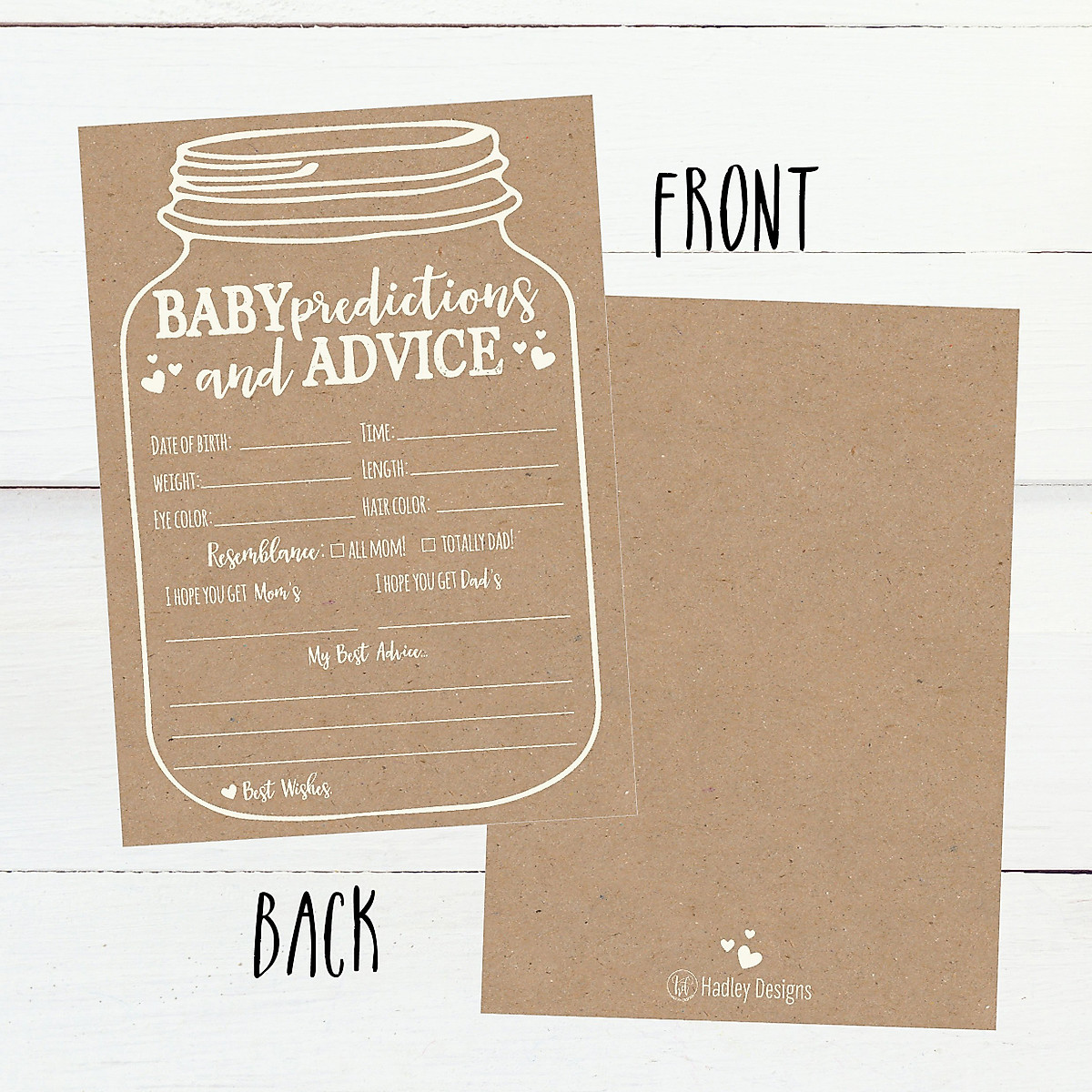 Hadley Designs 50 Mason Jar Advice and Prediction Cards Baby Shower Game, New Mom & Dad Card or Mommy & Daddy To Be, For Girl & Boy Babies, Fun Gender Neutral Shower Party Favors