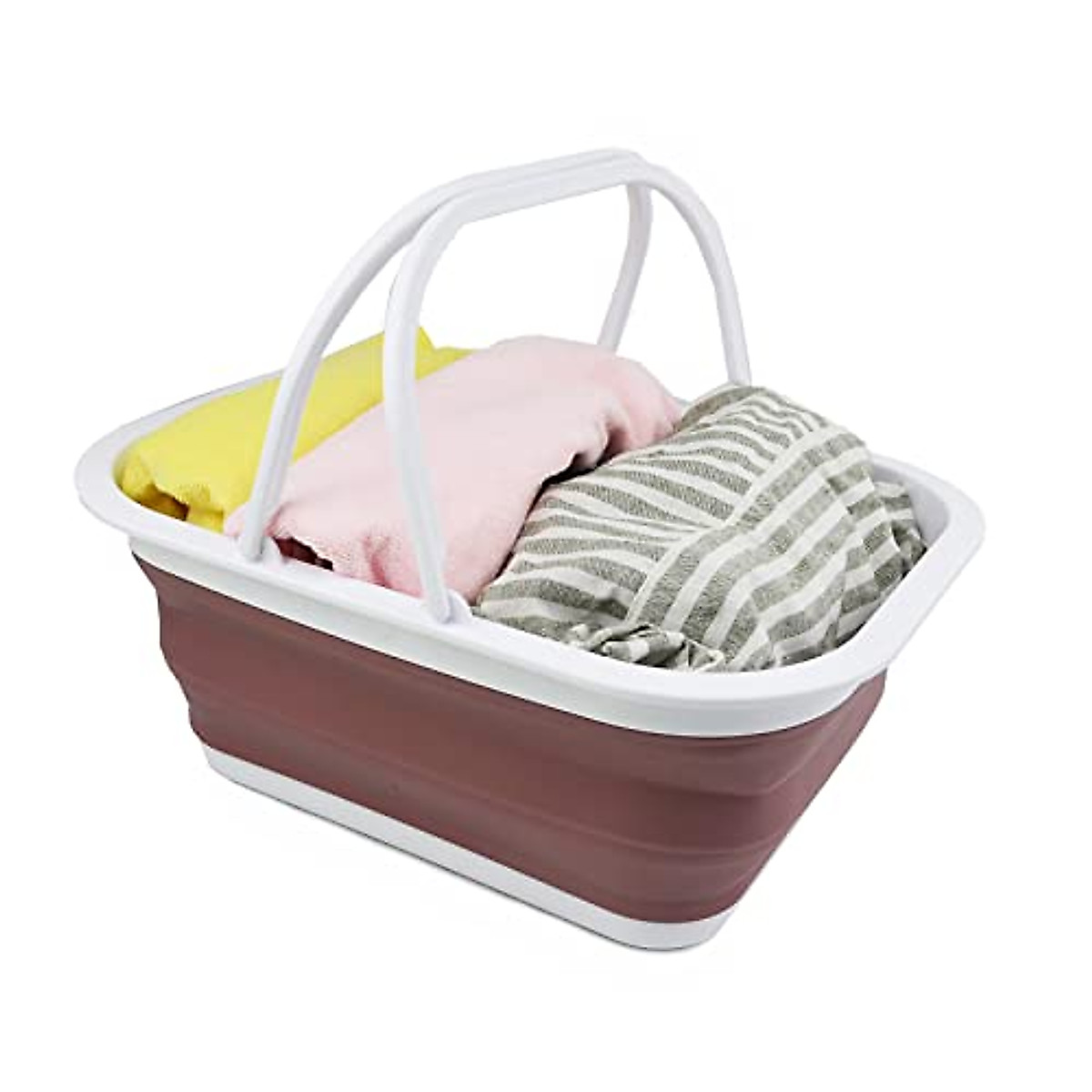 SAMMART 15L (4 Gallons) Collapsible Basket with Handle - Portable Outdoor Picnic Basket/Crater - Foldable Shopping Bag - Space Saving Storage Container (Dark Sea Green + Dusky Pink)