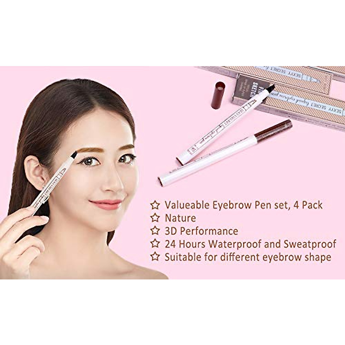 Microblading Eyebrow Pen, 4 Pack Brow Pen Brown, 24 Hours Waterproof Tattoo Pen for Eyebrow, Micro-Fork Tip Brow Pencil, 3D Nature Brow Pen, Eyebrow Pencils