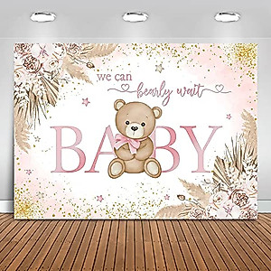 Mocsicka Girl Bear Baby Shower Backdrop Pink Boho Pampas Grass Baby Shower Background We Can Bearly Wait Baby Shower Party Cake Table Decoration Photo Booth Props (7x5ft)