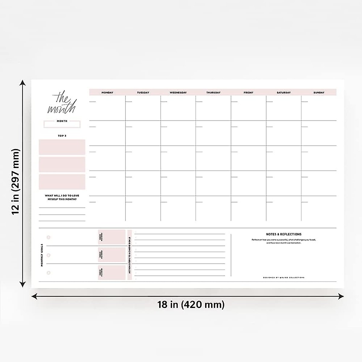 Bliss Collections Monthly Planner, Simple Pink Self-Care, Undated Desk Calendar and Planner for Organizing and Scheduling Tasks, Productivity Tracker, Goals, Notes and To-Do Lists, 12"x18" (18 Sheets)