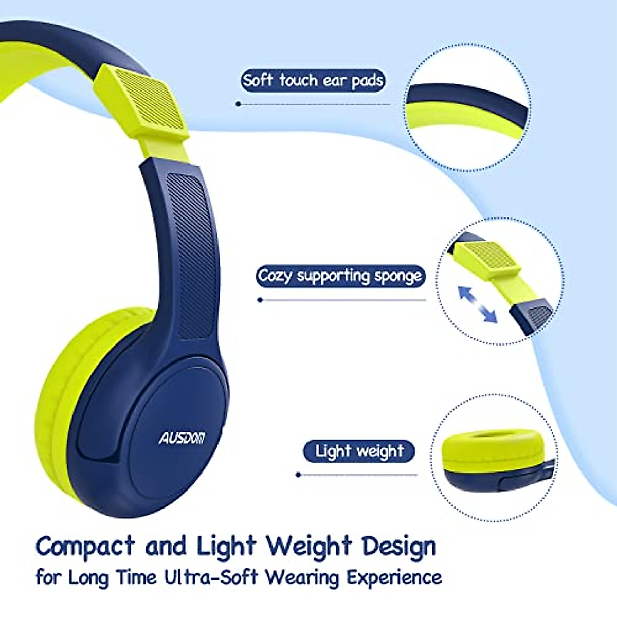 AUSDOM Kids Headphones, Wired Headphones for Kids with Microphone On Ear Kids Headphones for School Kids Headset Volume Limiter 85dB Tangle-Free 3.5mm Jack for iPad, Tablet, Boys, Girls, School,Green