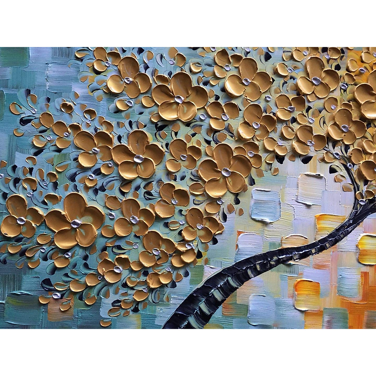 Tyed Art-24x48 Inch Golden Flower Paintings 3D Abstract Paintings Oil Hand Painting On Canvas Wood Inside Framed Ready to Hang Wall Decoration for Living Room Bed Room