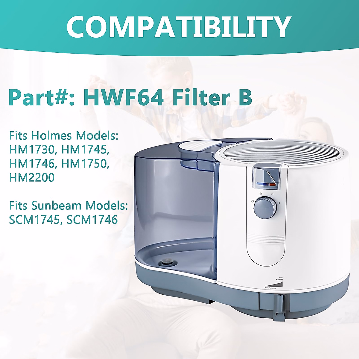 getalong HWF64 Humidifier Filter Compatible for Sunbeam SCM1746, Fits Holmes HWF64, HM1730, HM1745, HM1746, HM1750, HM2200 - Filter B (4 Pack)