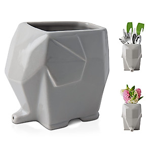 Novelty "Elephant" Cutlery Holder & Drainer for your Kitchen Sink - Multifunctional & Decorative Silverware Organizer, Utensil Caddy or Toothbrush Holder Made of Premium Ceramic - Grey