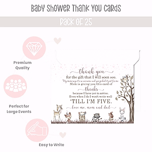 Paper Clever Party 25 Girls Woodland Baby Thank You Cards Pack – Cute Baby Shower Notes with Envelopes, Prefilled Message, Customizable Blank Stationery, Pink, Rustic Floral, New Parents Gift Ideas