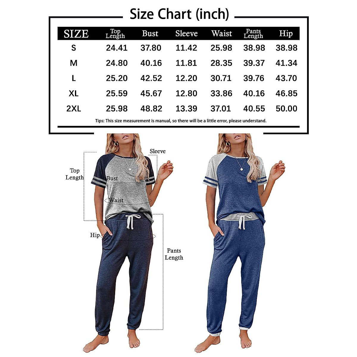 AUTOMET Lounge Sets For Women Two Piece Outfits Loungewear Short Sleeve Crewneck Jogger Pajama Set Sweatpants Tracksuit Navy Blue L