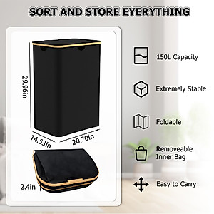 150L Laundry Basket with Lid, Large Double Laundry Hamper with Bamboo Handles, Removable Laundry Bags, 2 Section Dirty Clothes Hamper, Collapsible Towel Basket for Bedroom, Bathroom, Dorm, Black