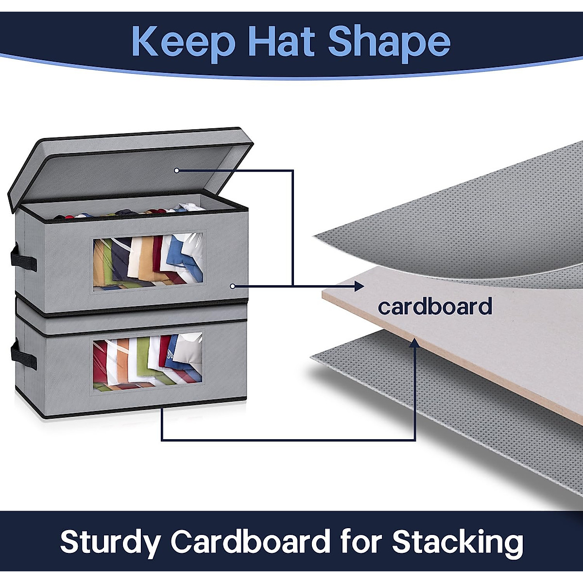 SLEEPING LAMB Stackable Hat Organzier for Baseball Caps, 2 PCS Hat Storage Boxes for Closet Hold 30 Caps with Cardboard, Grey