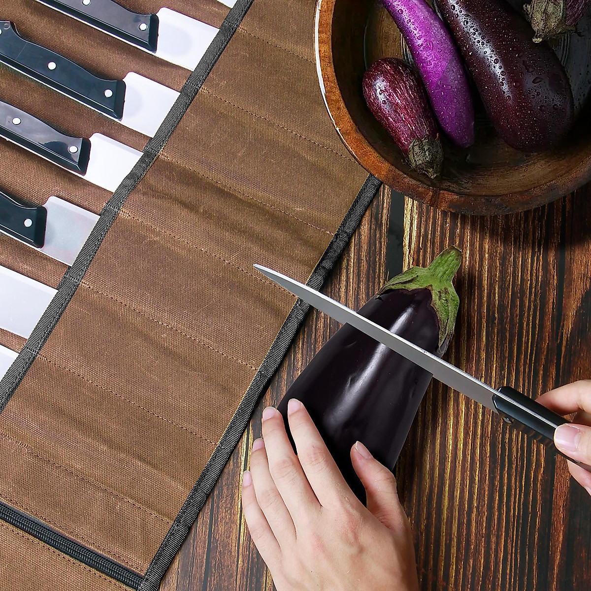 Knife Roll,Knife Bag,Knife Case,Waxed Canvas Chef Knife Bag,Portable Knife Roll Bag With 10 Slots Plus 1 Zipper Pockets Can Hold Home Kitchen Knife Tools Up To 18.8”,Heavy Duty Knife Bags For Chefs