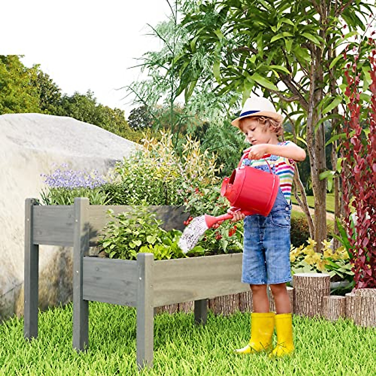 Giantex Set of 2 Raised Garden Bed, Elevated Wood Planter Box, Raised Bed Kit for Flowers Vegetables Fruits Herbs Outdoor Planting Container Patio, Balcony, Yard (Gray)