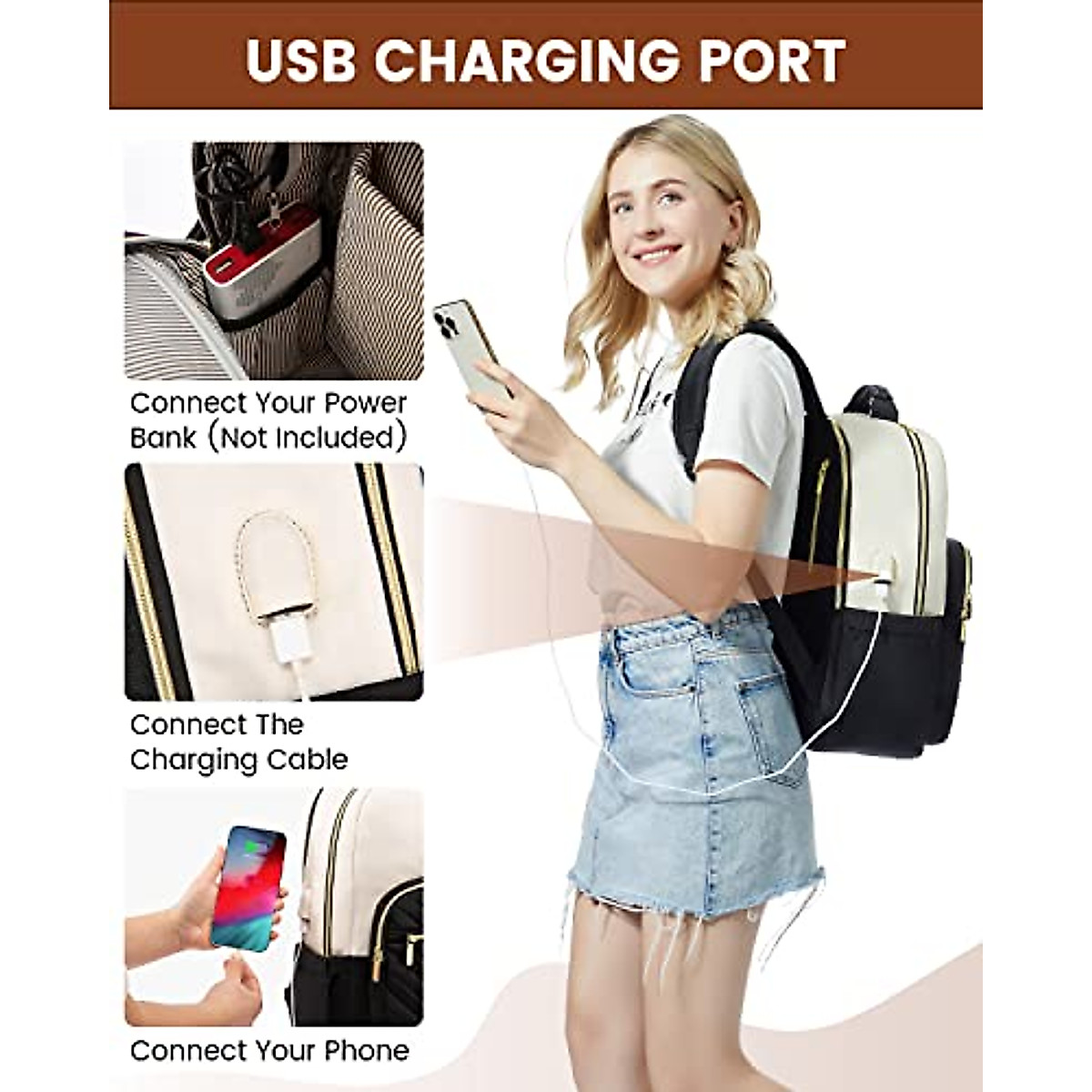 LOVEVOOK Laptop Backpack for Women, 15.6 Inch Backpack Purse with USB Port, Waterproof Travel Business Work Laptop Bag, Fashion Doctor Professor Nurse Backpack, Beige-Black