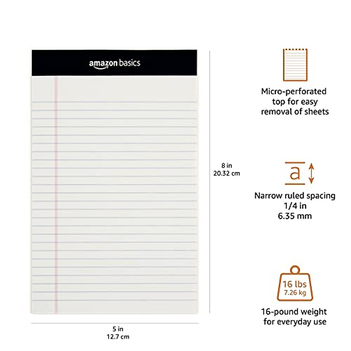 Amazon Basics Narrow Ruled Lined Writing Note Pad, 5 inch x 8 inch, White, 12 Count ( 12 Pack of 50 )