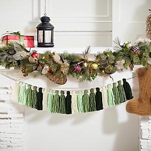 Christmas Tassel Garland with Wood Bead Jungle Leaves Garland Banner for Classroom Party Nursery Kids Bedroom Room Wall Birthday Baby Shower Wedding Decor (E)