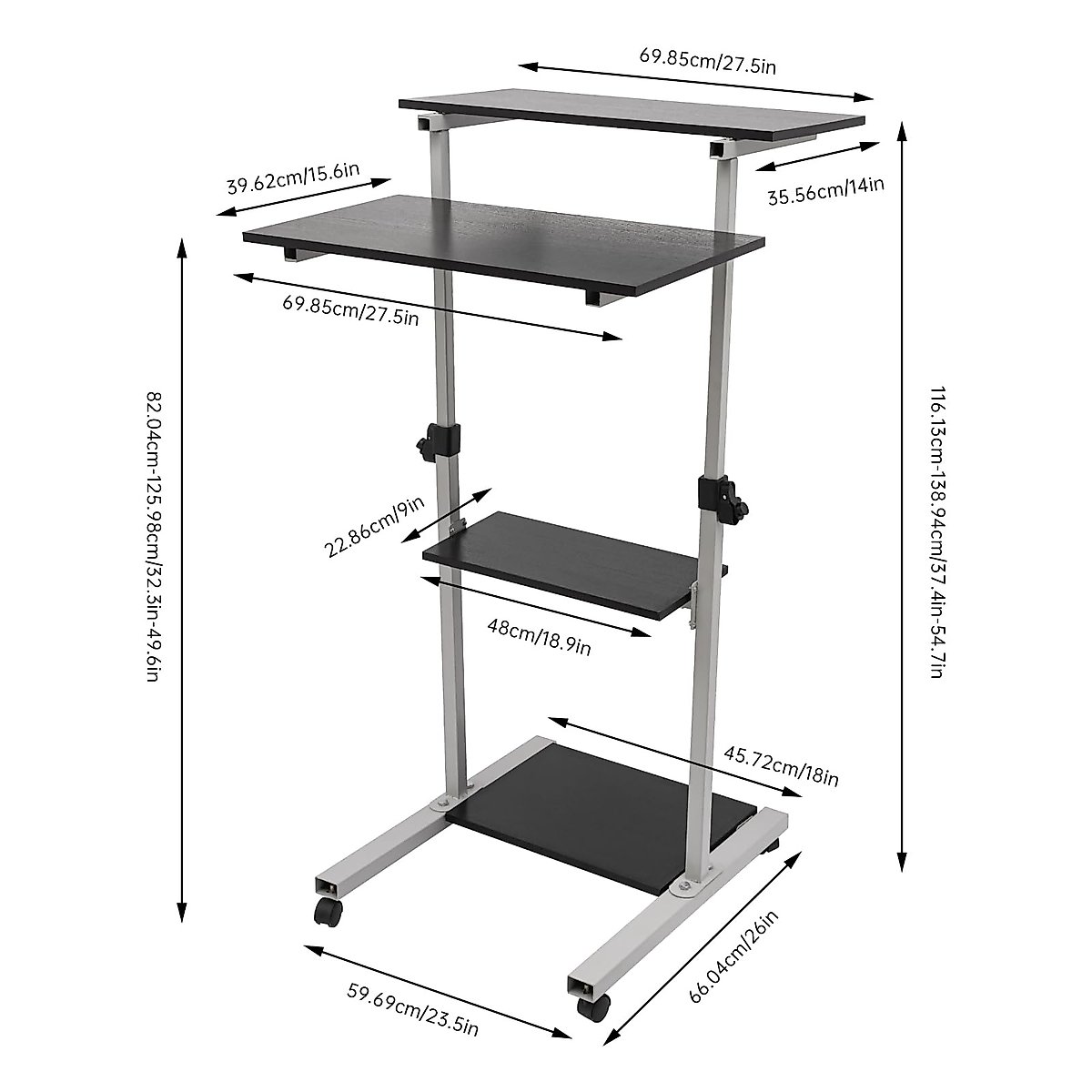 Ghankopd Mobile Laptop Computer Desk Stand Up Computer Desk Standing Workstation Rolling Desk Adjustable Height with Locking Wheels Storage and Slideout Keyboard Tray (Black, 27Inch)