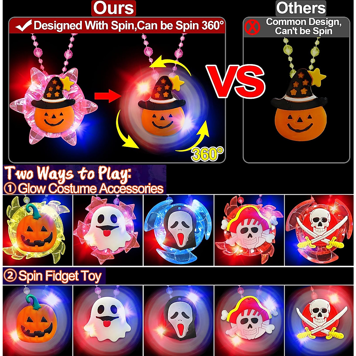 80 Pcs Halloween Party Favors for Kids Halloween Glow in the Dark Toys Rotating Spin Light Up Necklaces LED Bracelets Flash Rings Brooches Hair Lights Halloween Treats Gifts Bag Fillers Party Supplies