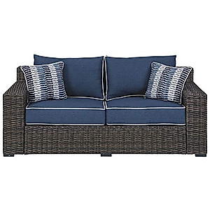 Signature Design by Ashley Grasson Lane Modern Farmhouse Outdoor Patio Loveseat, Brown & Blue