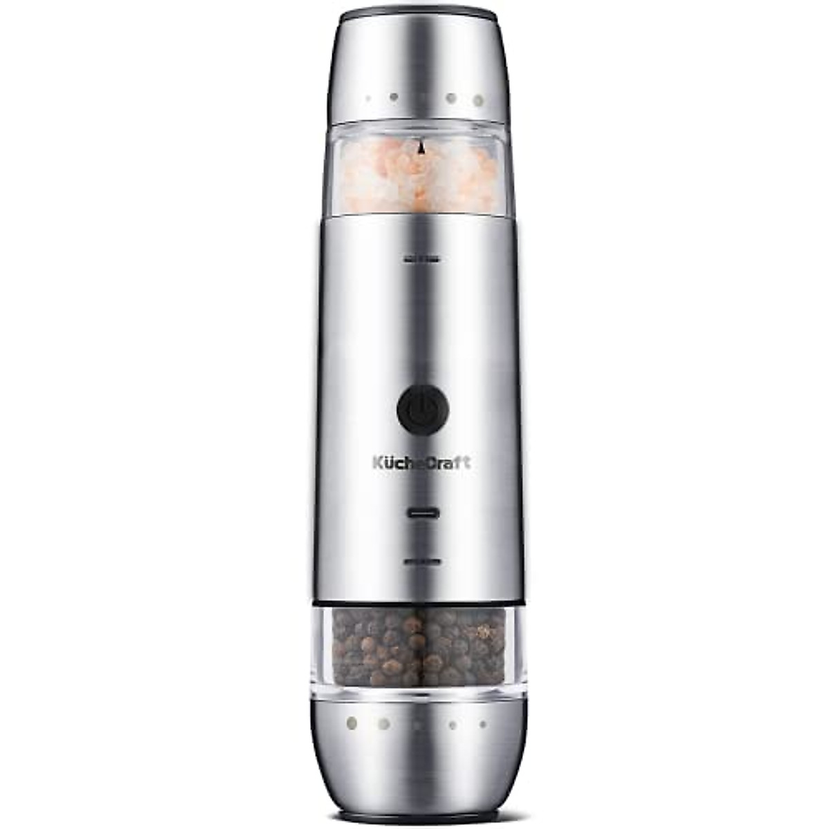 KucheCraft 2 in 1 Electric Salt and Pepper Grinder Rechargeable, Automatic Pepper Grinder Refillable and Sea Salt Mill, Stainless Steel Pepper Mill Grinder with Upgraded Grinding Precision