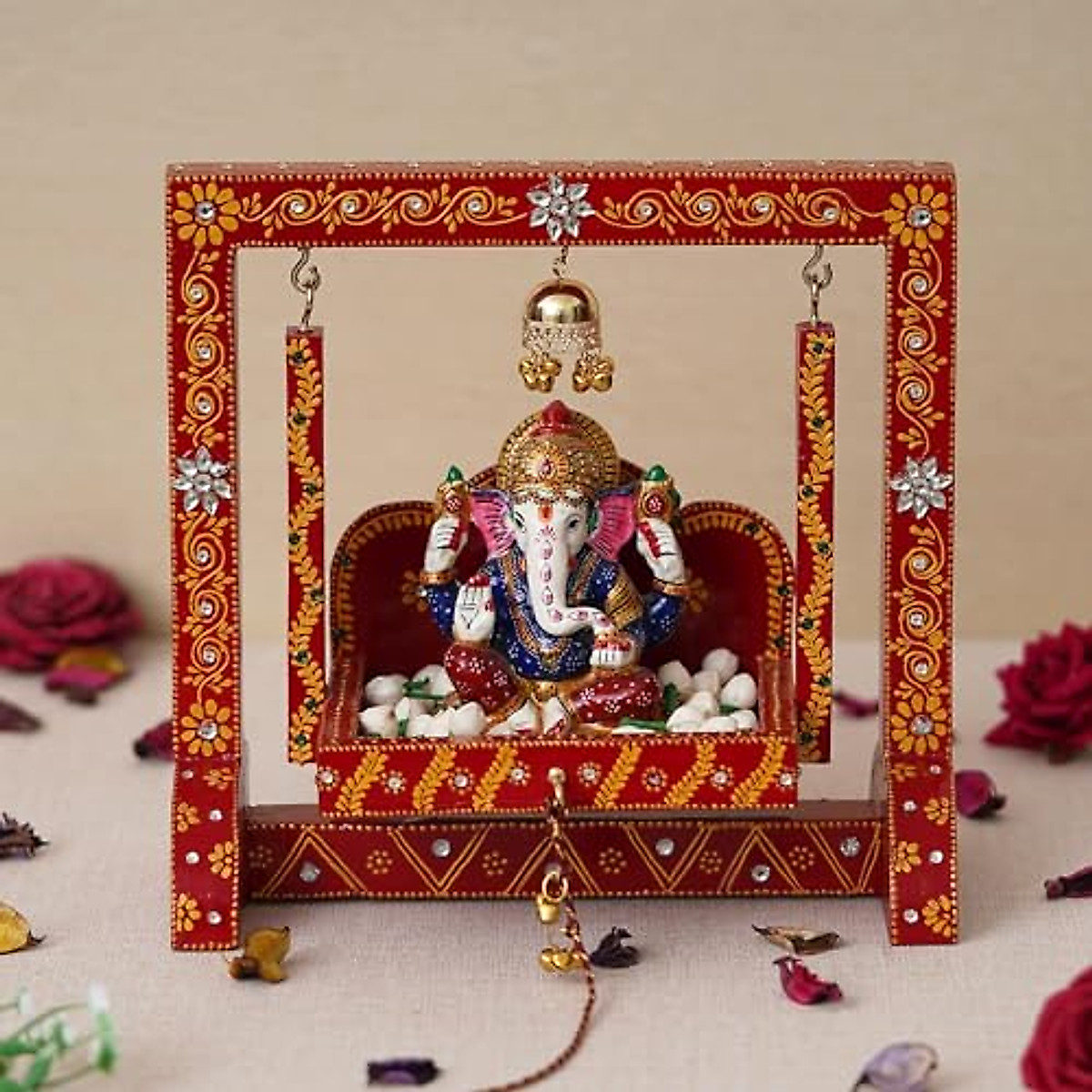 Wooden Jhula with Beautiful Laddu Wooden Jhula for Laddu Gopal janmashtami Jhula Nand Gopal Swing Palna Decorative Showpiece Red Colour 10 inch