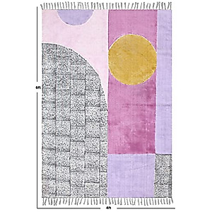 Casavani Hand Block Printed Rug Geometric Blue & Pink Tassel Rug Boho Area Rug Easy Care Washable Rugs for Doormat Entryway Living Room Bedroom Hallway Balcony 10x10 Feet Square