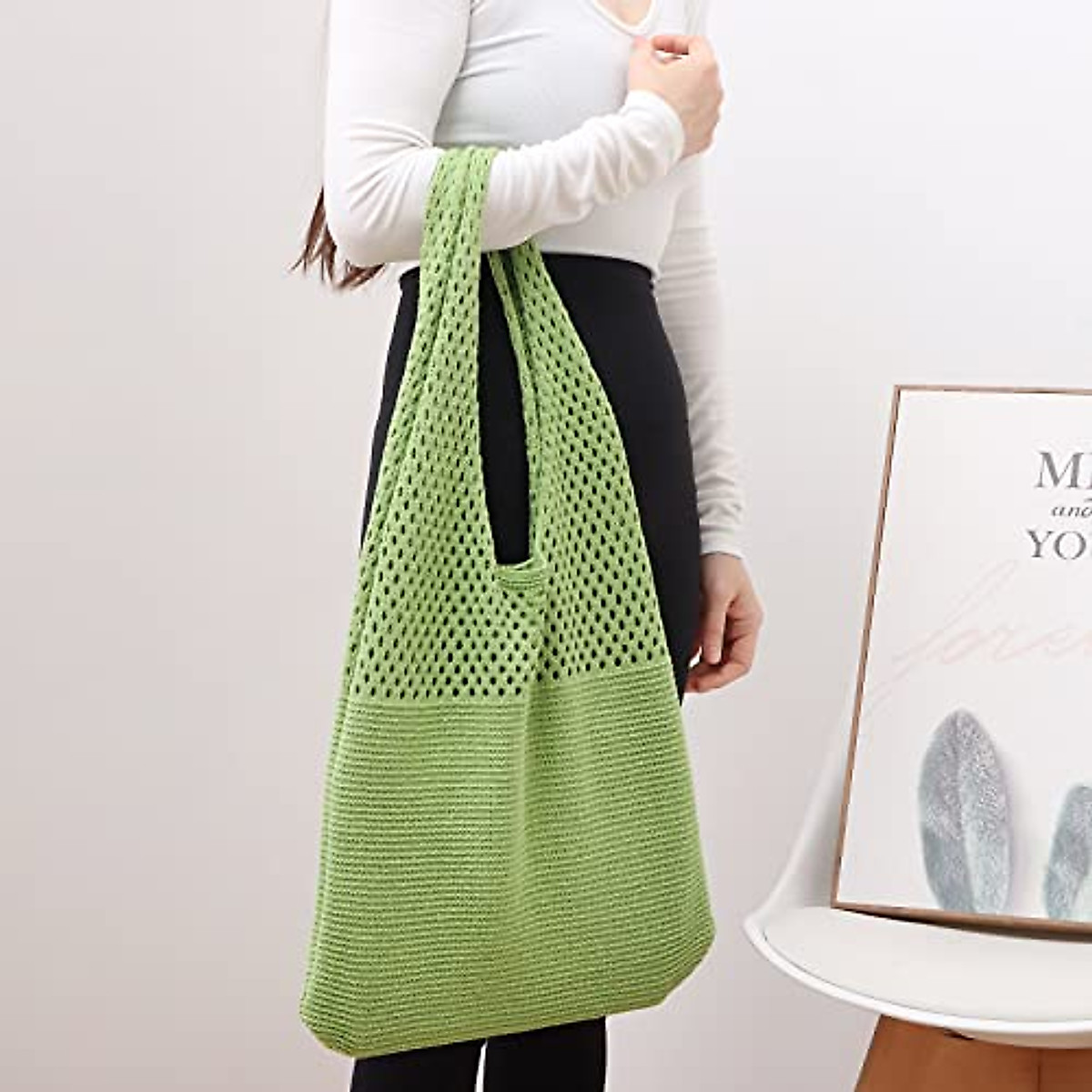 Ovida Crochet Mesh Beach Tote Bag Summer Y2K Aesthetic Knit Shoulder Bag Large Capacity Hobo Bag for Women
