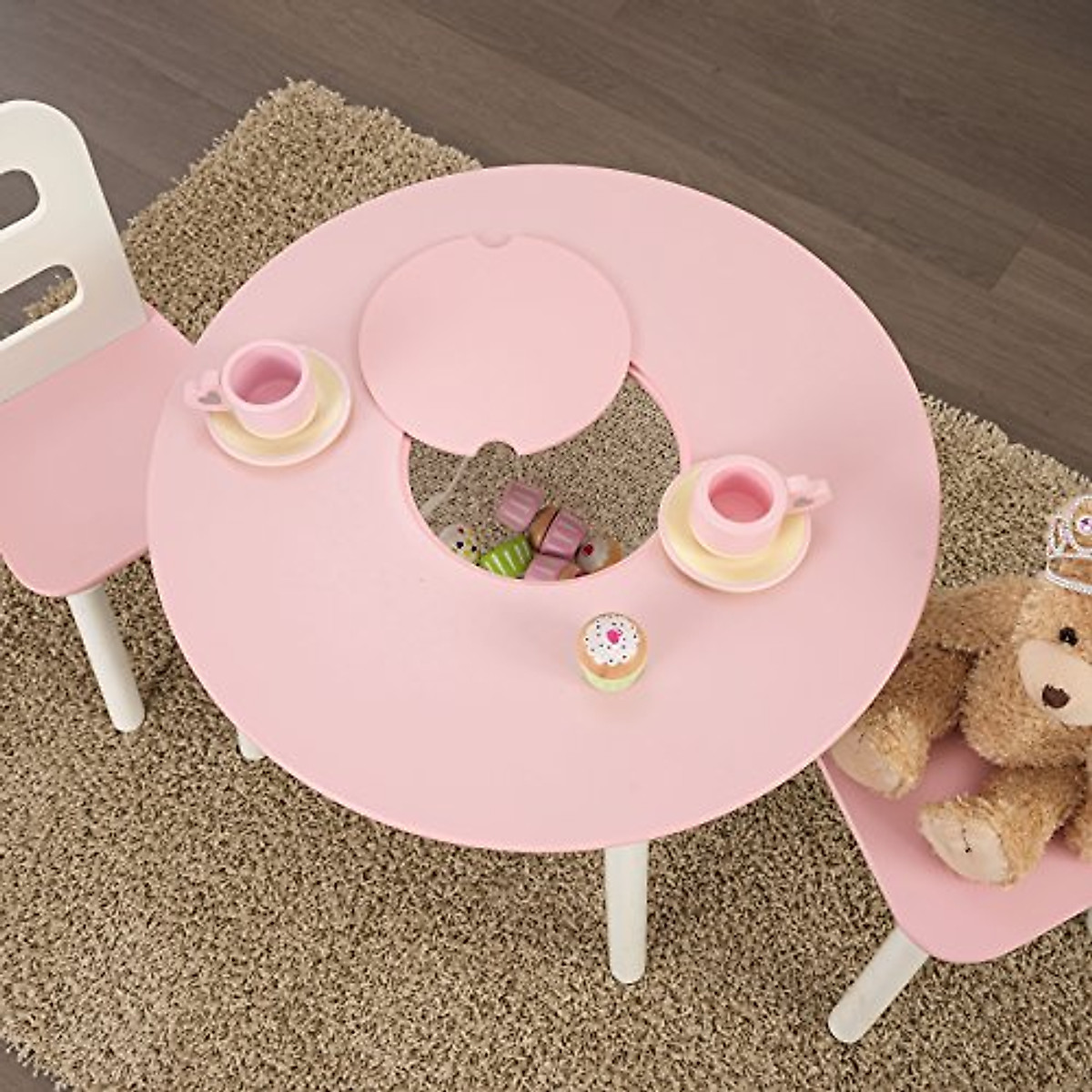 KidKraft Wooden Round Table & 2 Chair Set with Center Mesh Storage- Pink & White, 23.5 x 23.5 x 17.2